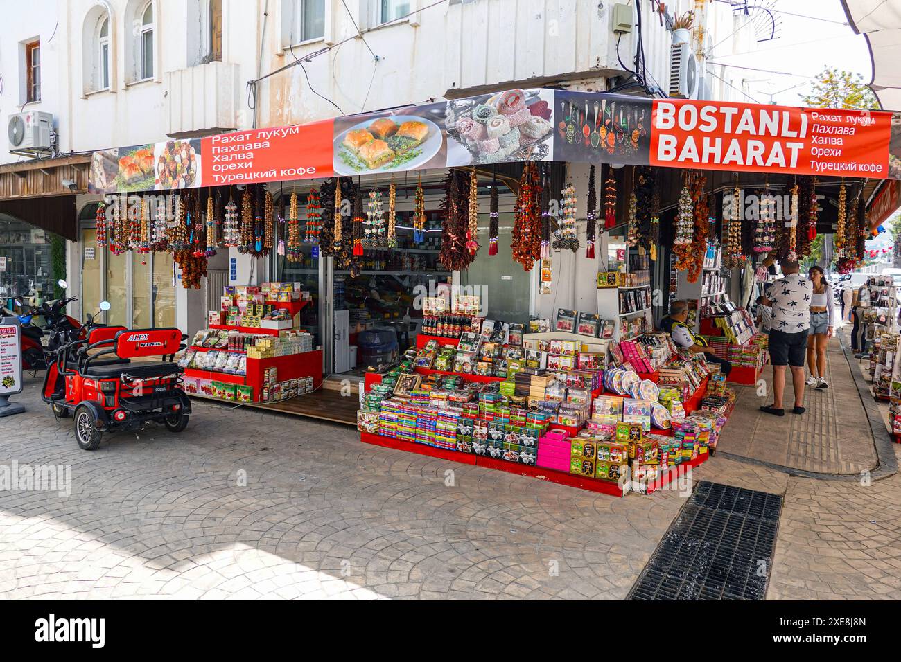 Tourist shops and street scene, summer in the popular tourist resort of ...