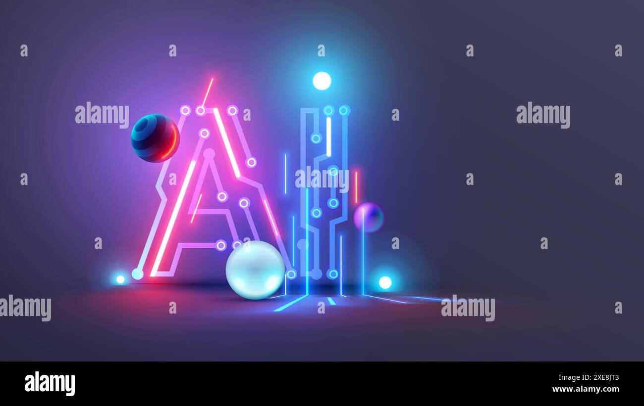 AI logo or icon. Abstract technology conceptual background with AI neon ...