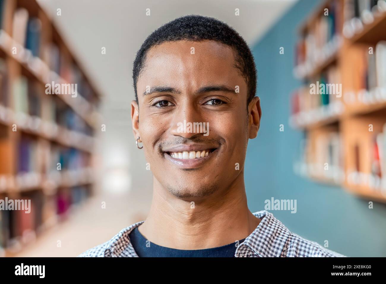 Smiling young man of Moroccan origin in a library. He is casually ...