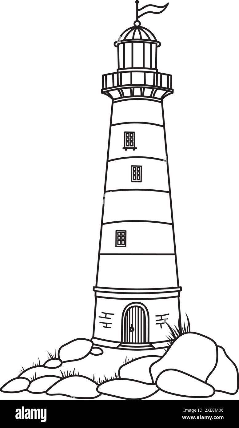 Vector Lighthouse on a rock. Linear Illustration of Beacon. Outline ...