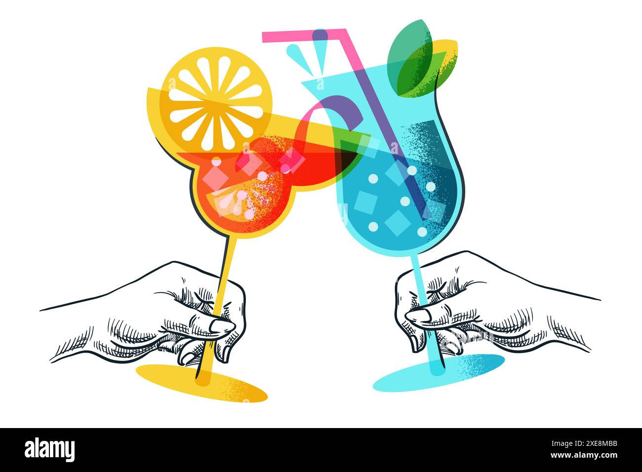 Human hands with summer cocktails. Vector hand drawn sketch ...