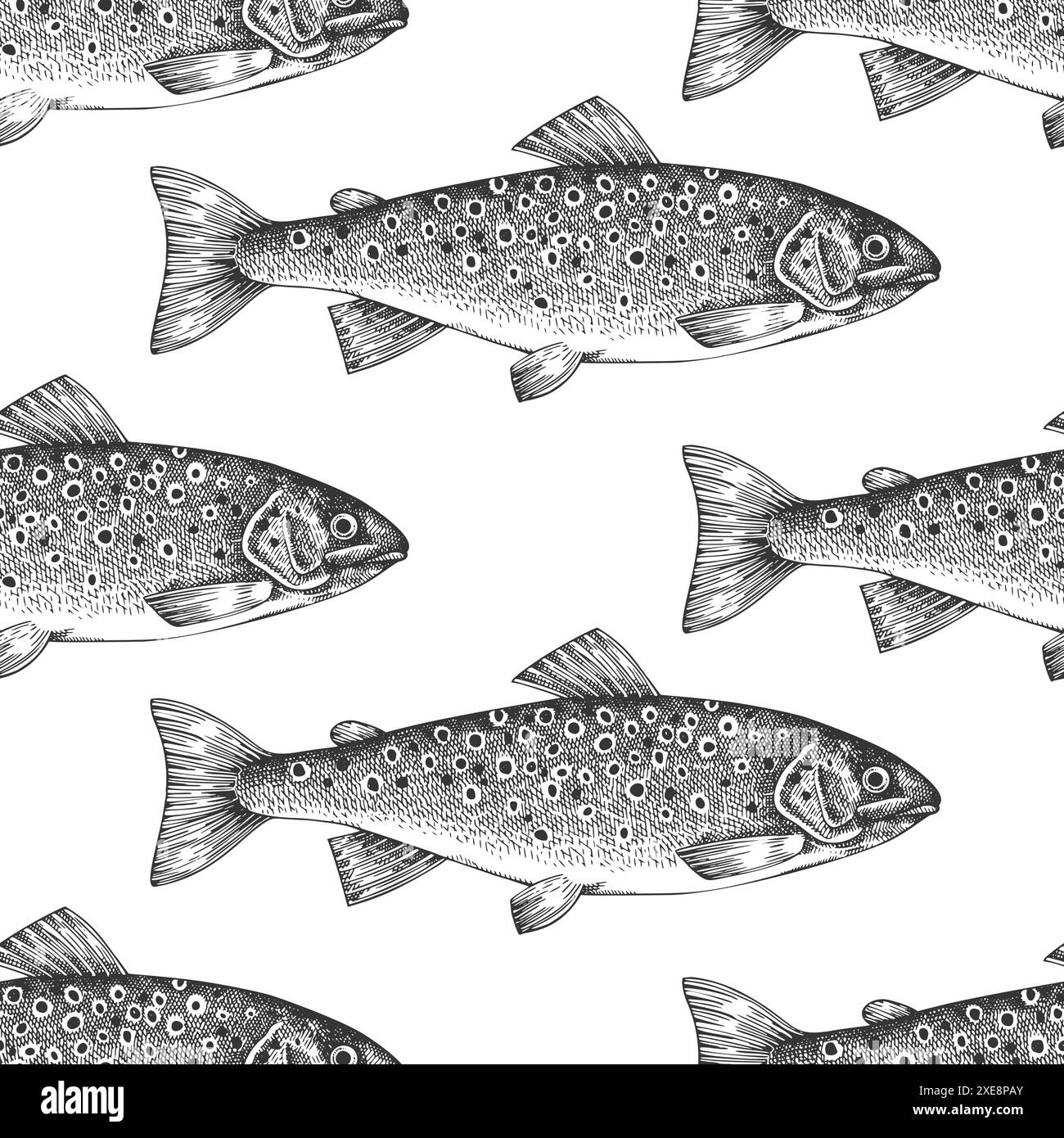 Vintage Style Trout Seamless Pattern. Vector Hand Drawn Fish Background ...