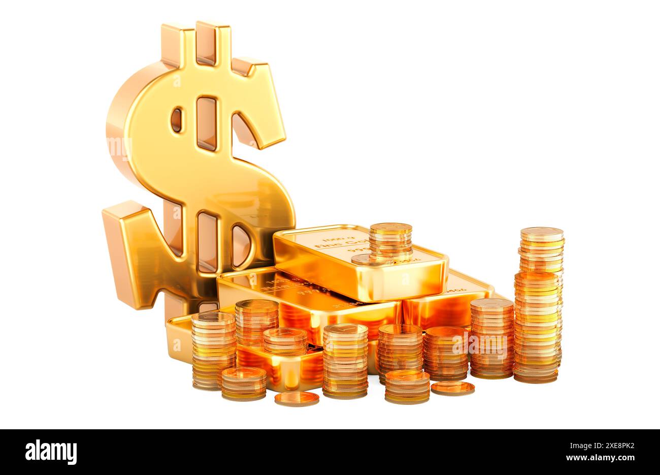 Dollar sign with golden coins and gold bars, 3D rendering isolated on ...