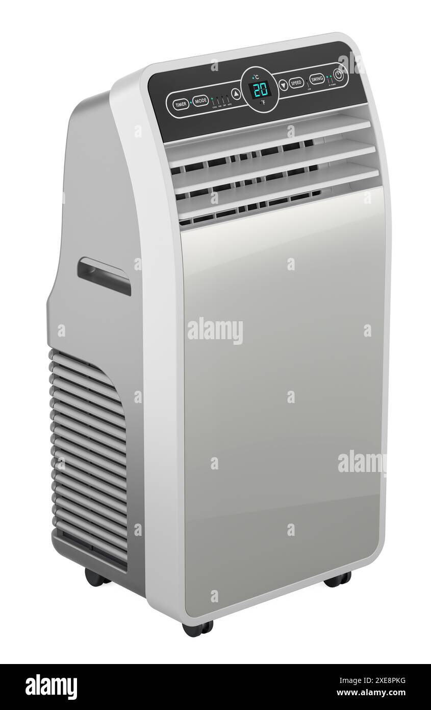 Portable air conditioner, silver. 3D rendering isolated on white ...