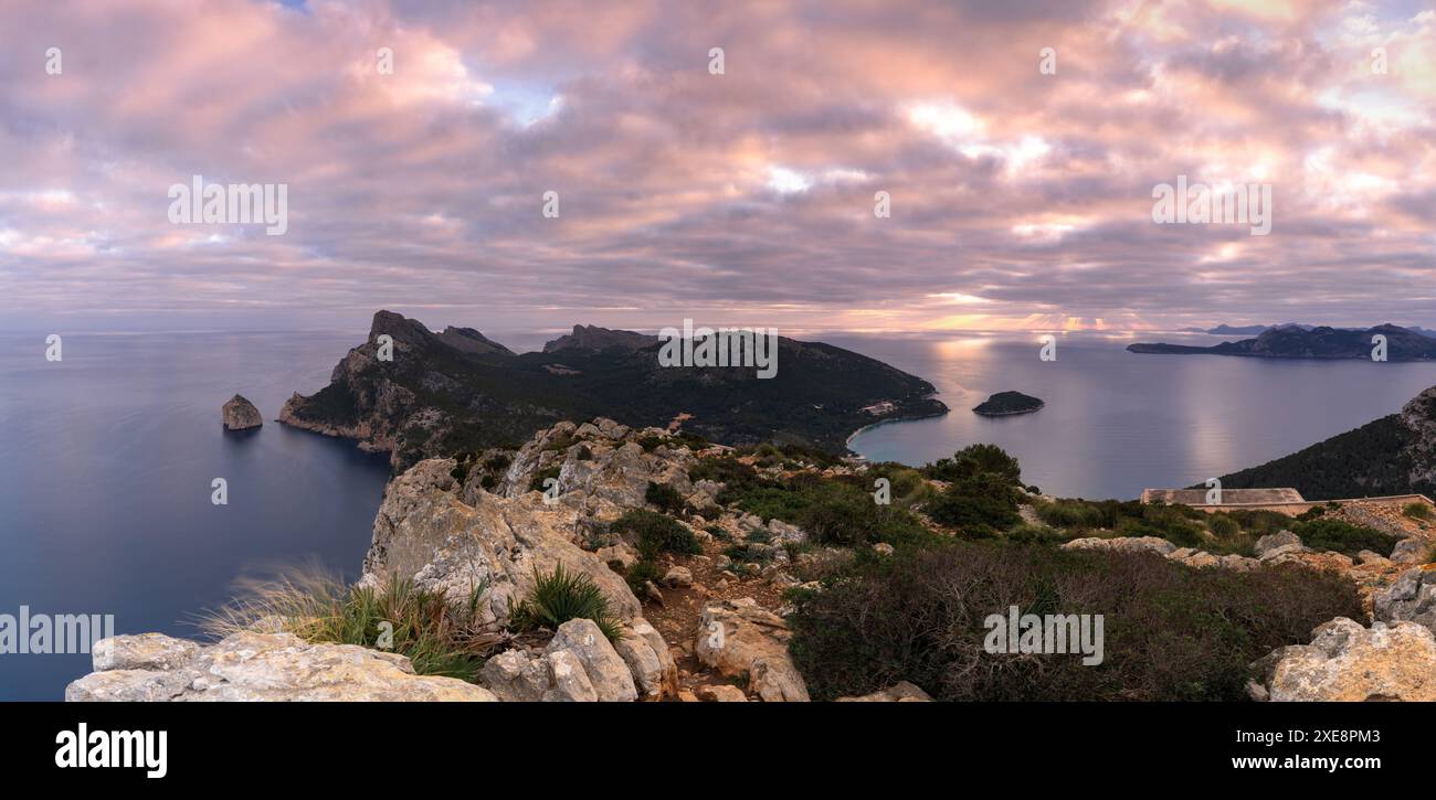 Panorama of the Albercutx Watchtower scenic viewpoint and a view of Cap ...