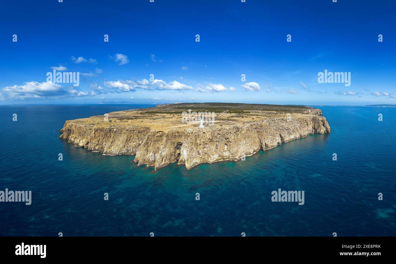 Aerial view of Cap de Barbaria and the landmark lighthouse on ...