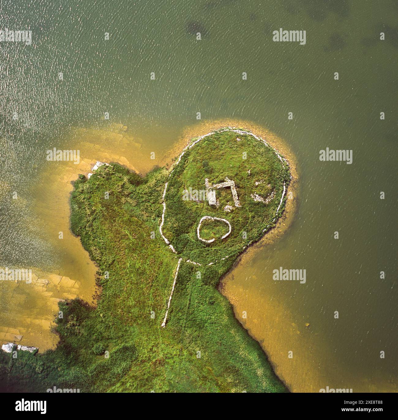 Aerial view of St. Tredwell's chapel, chapel and settlement mound, on a ...