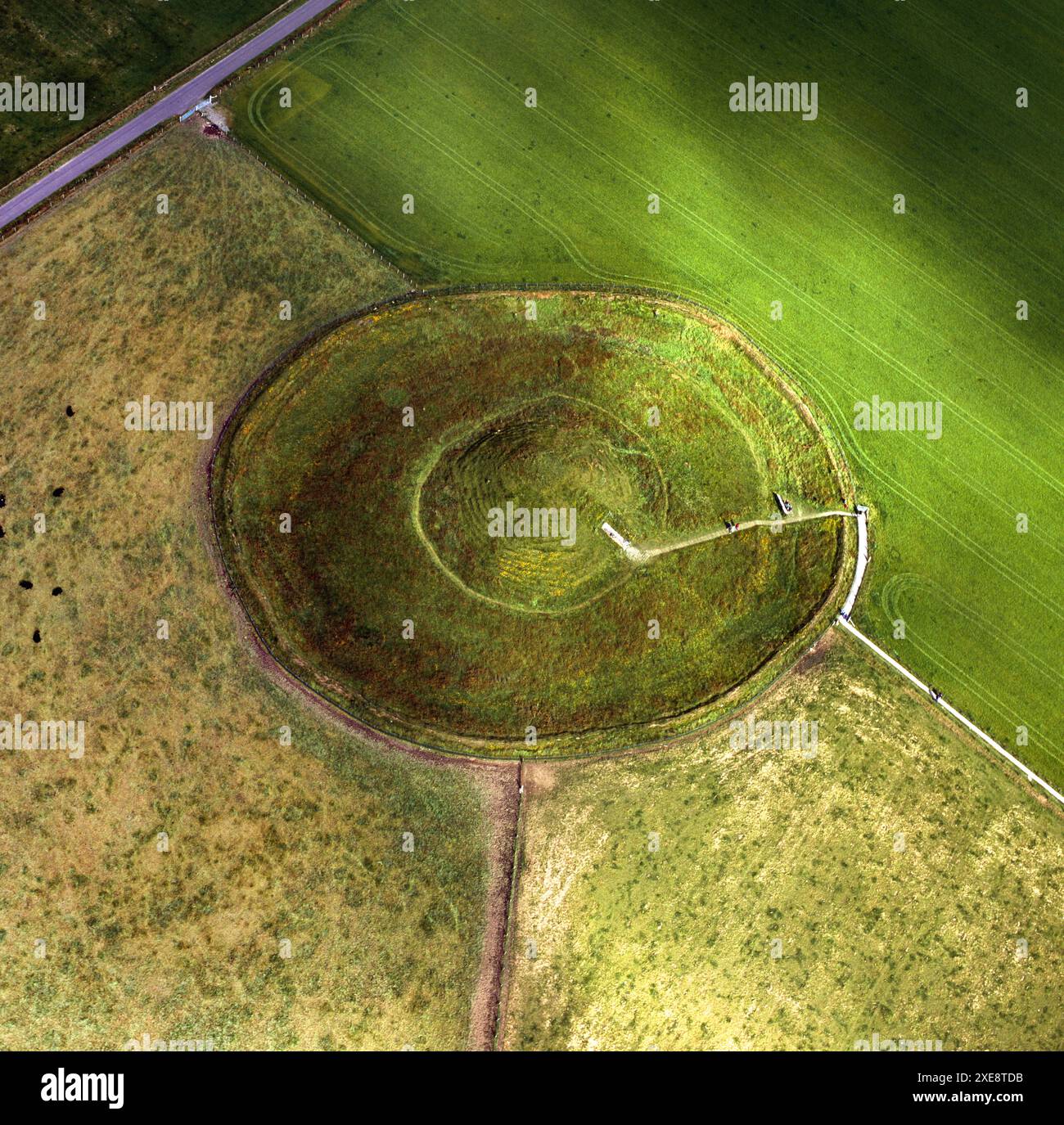 Aerial view of Maeshowe (or Maes Howe), a Neolithic chambered cairn and ...