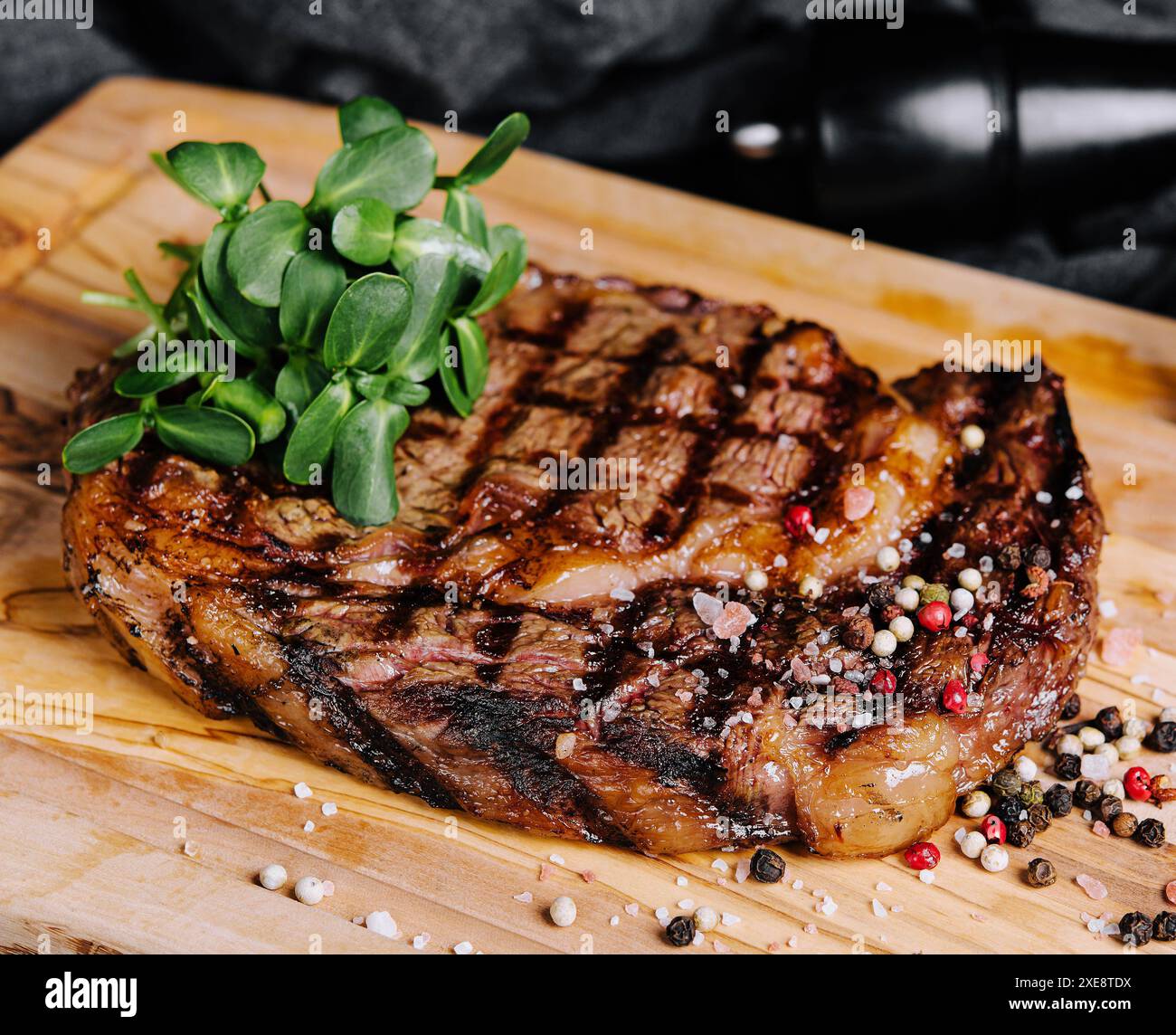 Gourmet grill restaurant steak menu - new york beef steak on wooden ...