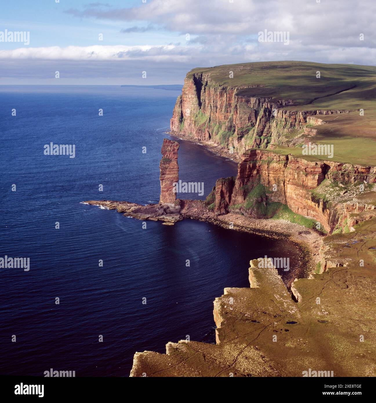 Aerial view of The Old Man of Hoy, 449 foot sea stack of red sandstone ...