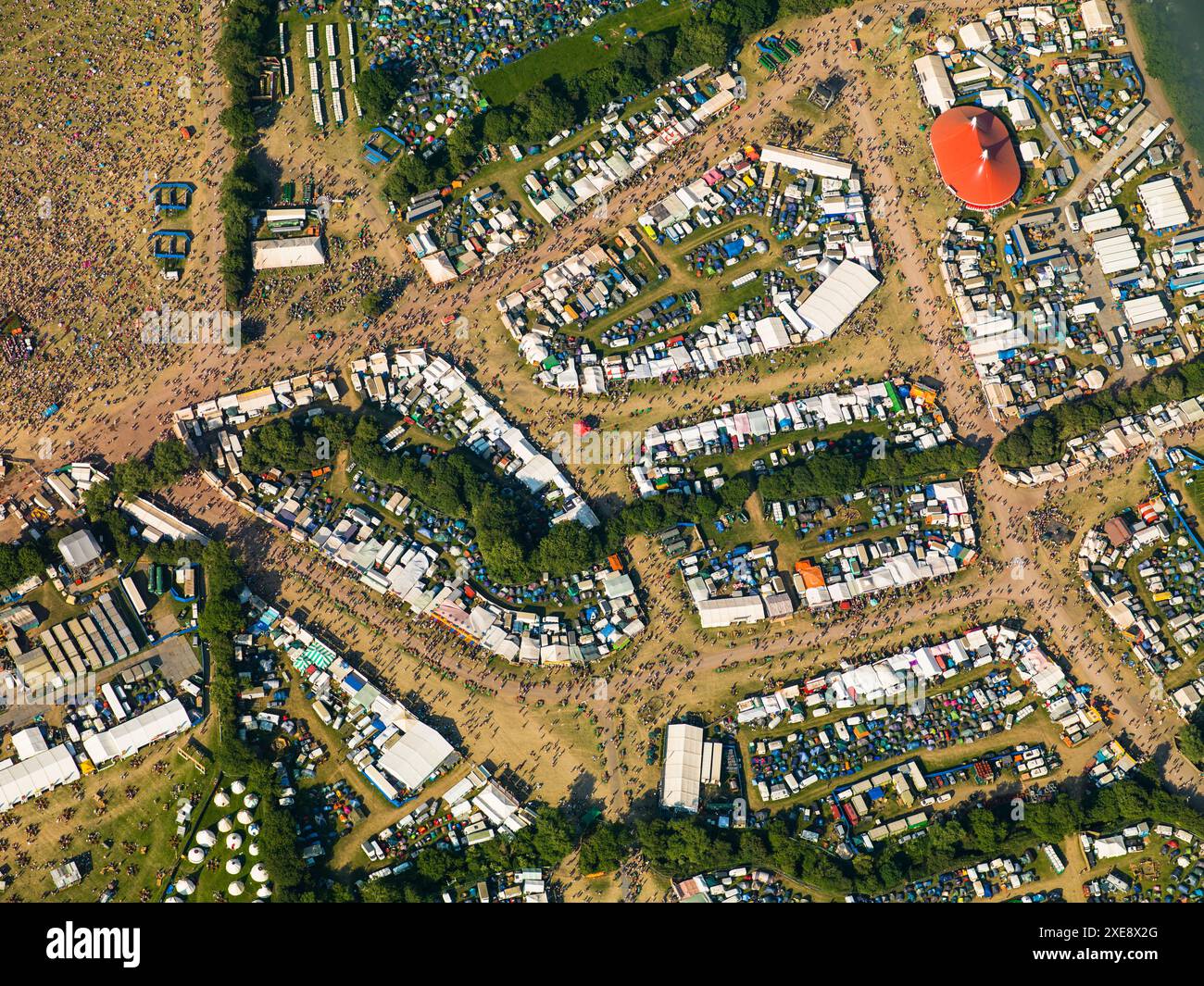 Aerial view of Glastonbury Festival 2010, showing the shopping area ...