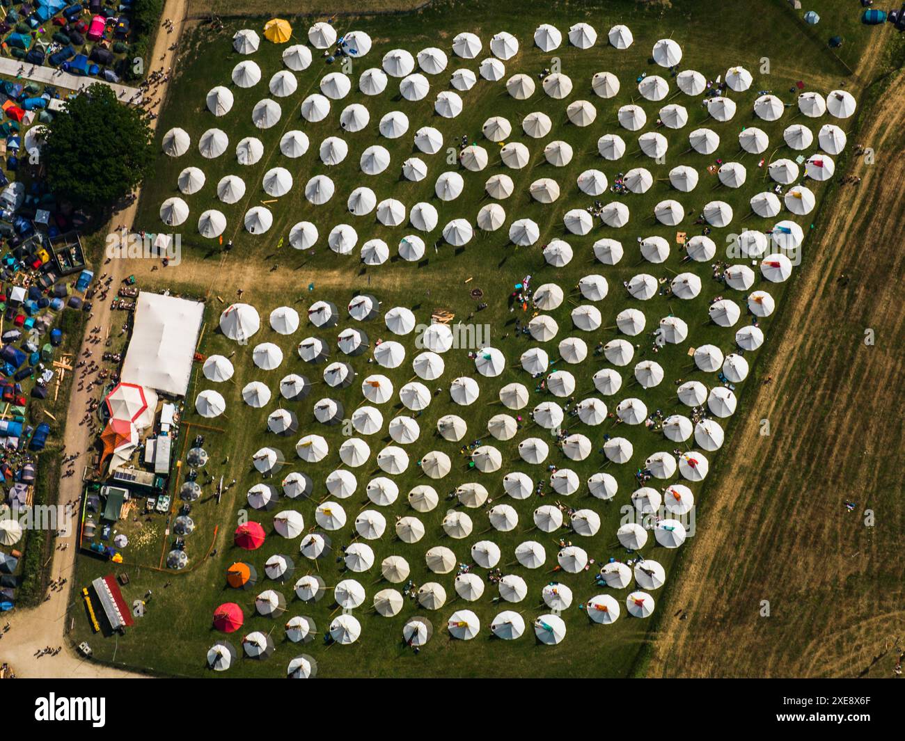 Aerial Image Glastonbury Festival, showing glamping bell tents ...
