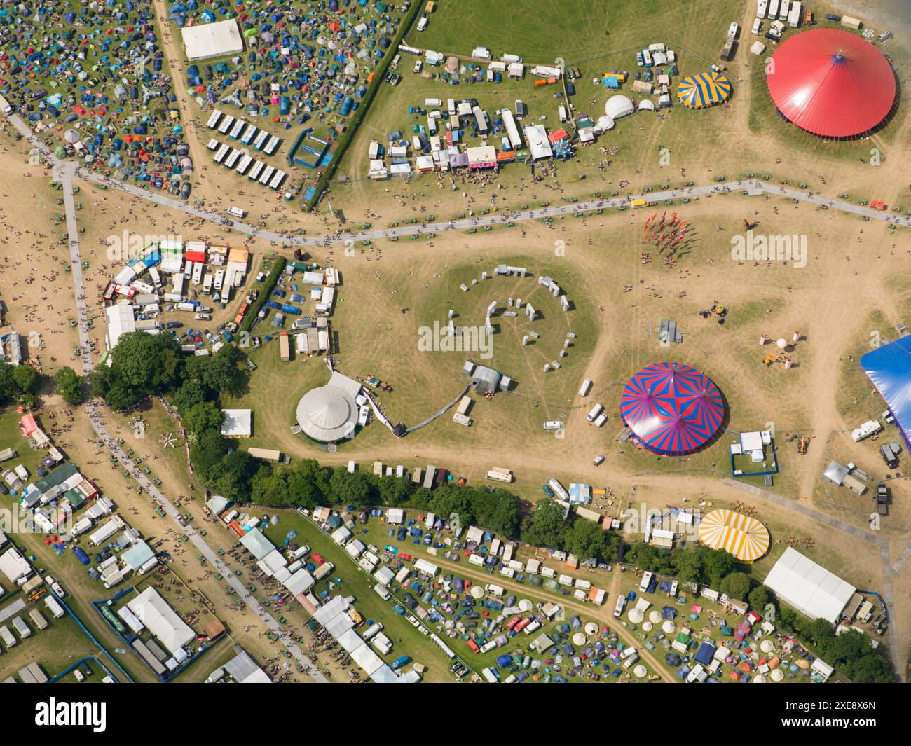 Aerial view of Glastonbury Festival, showing big stage tents. Thursday ...