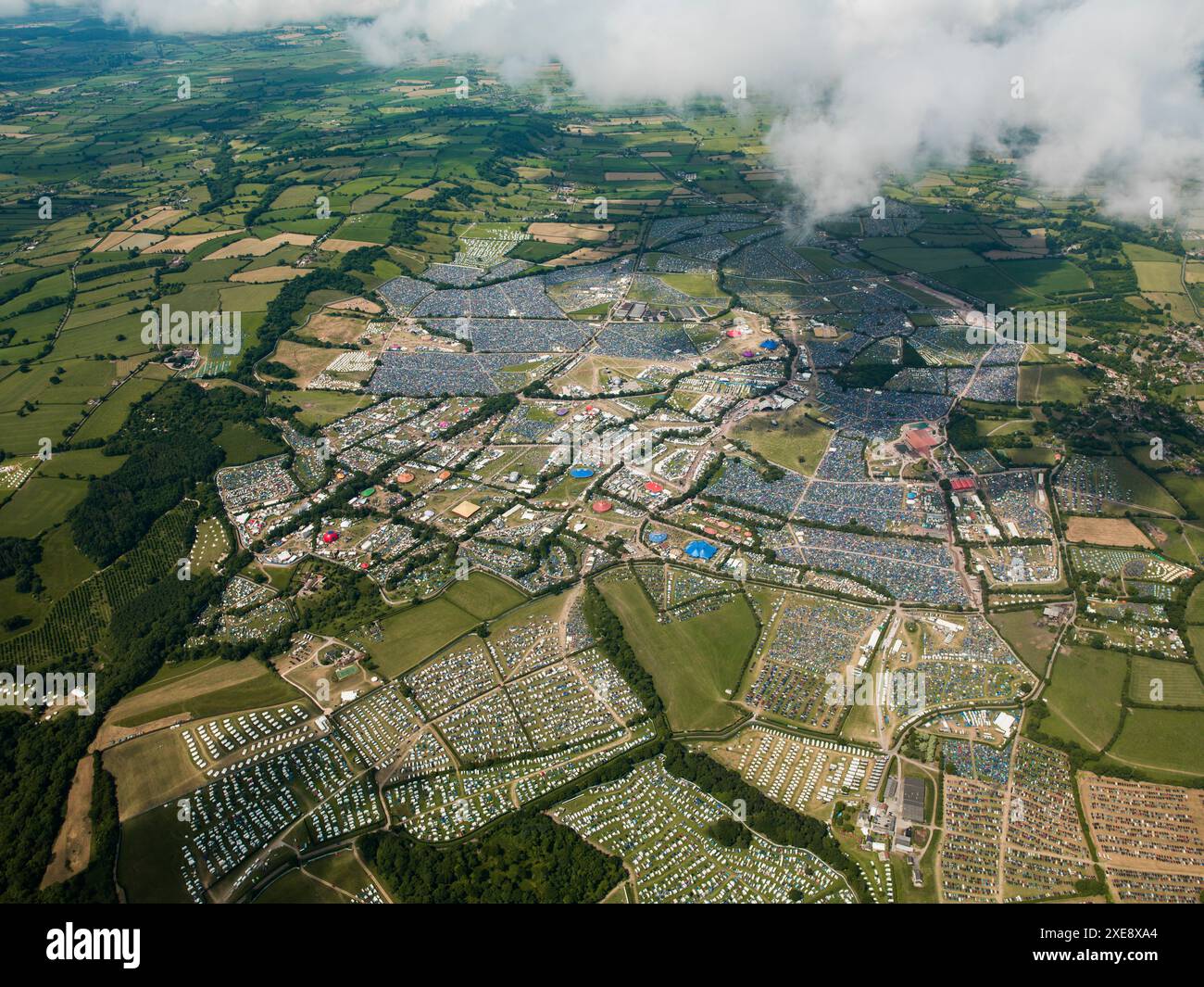 Aerial Image Glastonbury Festival with clouds, a wide shot showing the ...