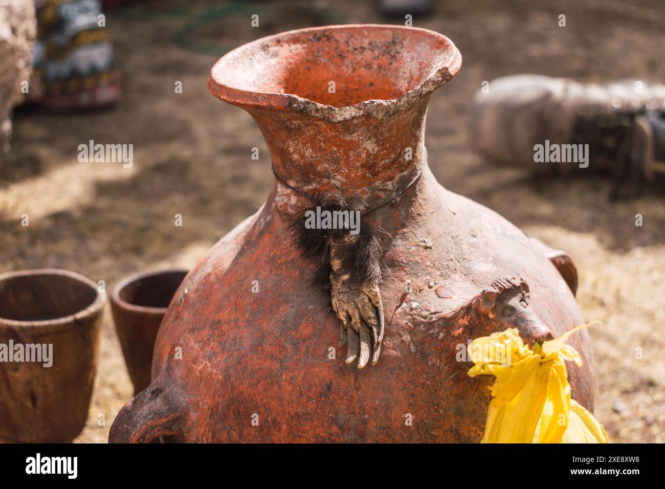 ceramic pot of traditional chicha de jora and wooden glasses in a ...