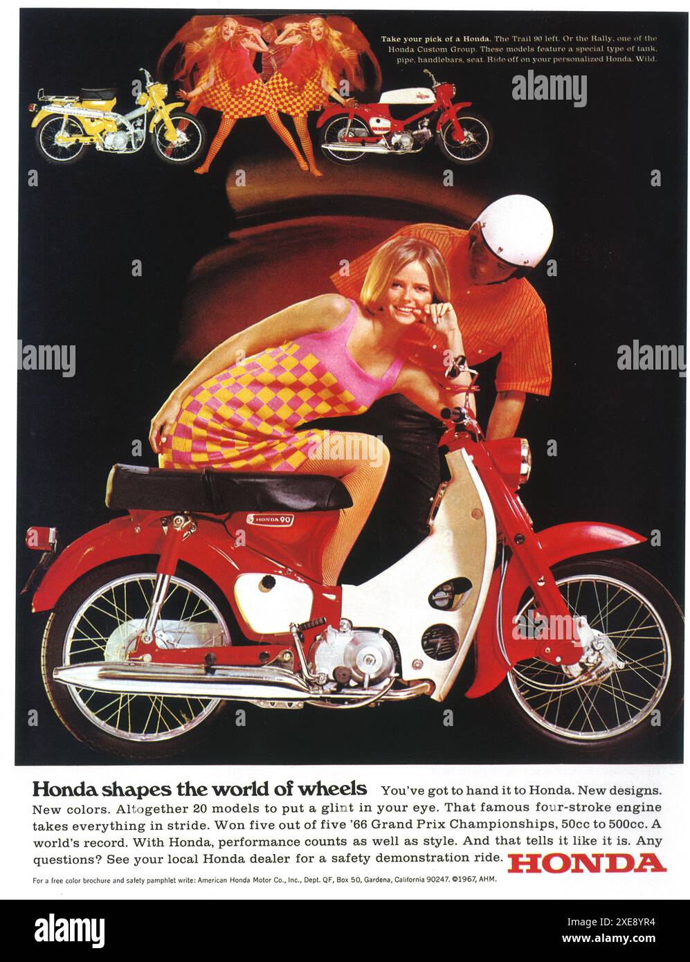 1967 Honda 90 Motorcycle Scooter Trail Ad -"Honda shapes the world of wheels Stock Photo - Alamy
