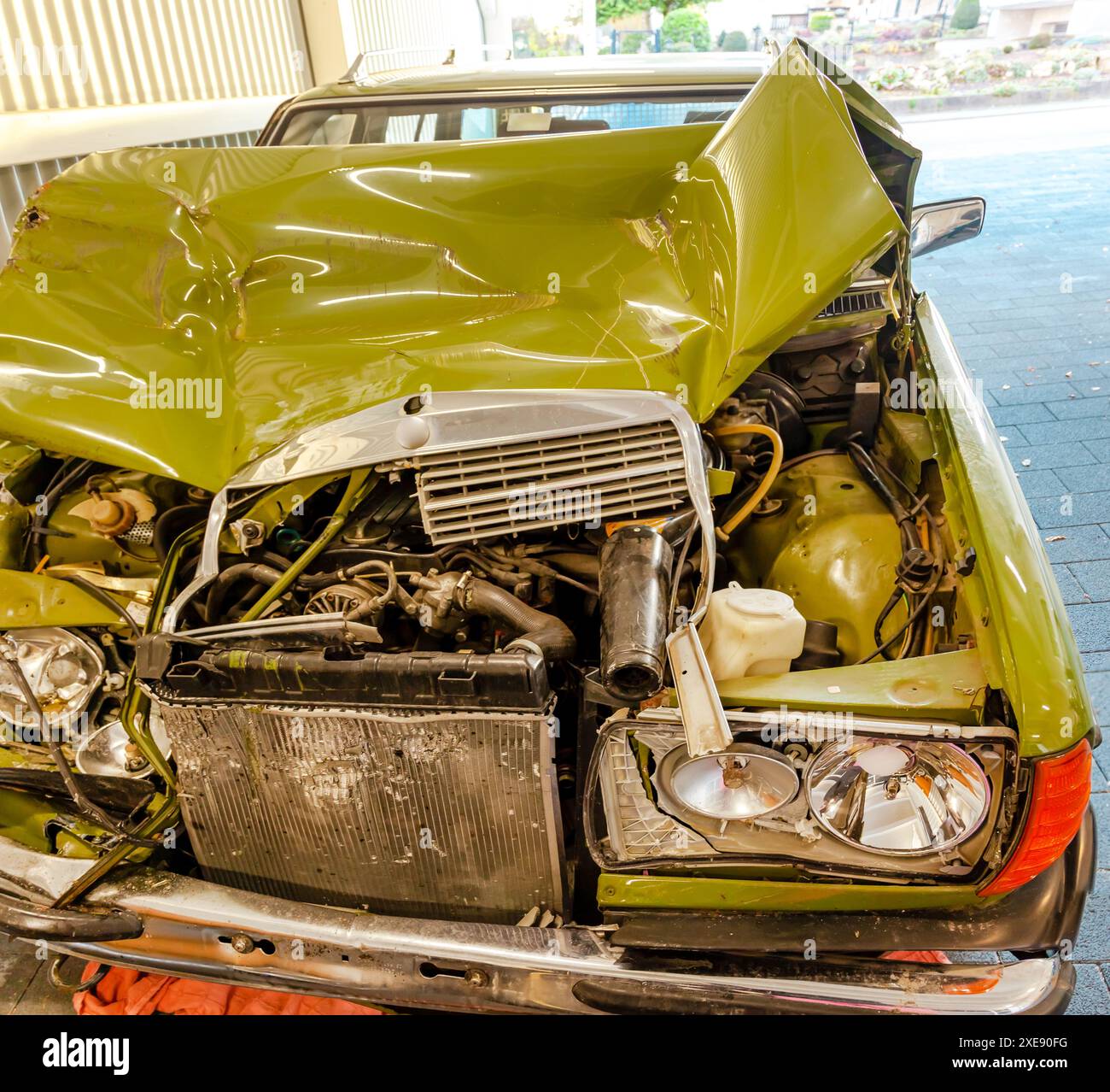 Accident, Car crash collision with open car hood. Closeup shot of ...