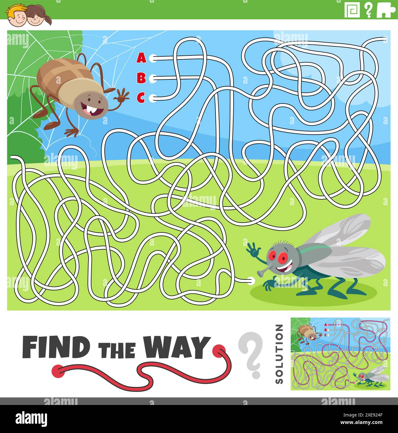 Cartoon illustration of find the way maze puzzle activity game with ...