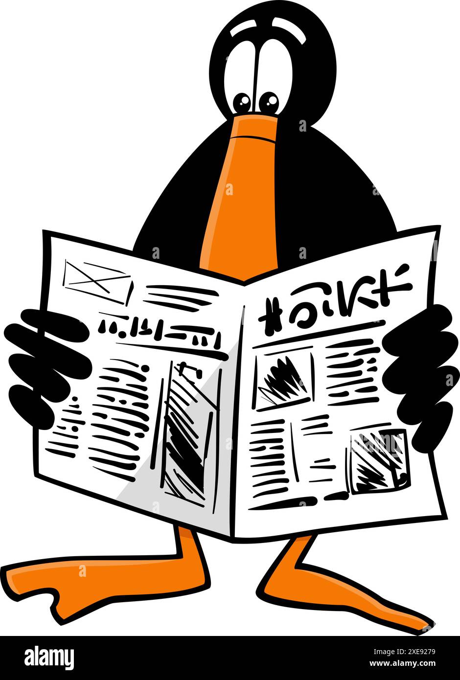 Cartoon illustration of black duck animal character reading a newspaper ...