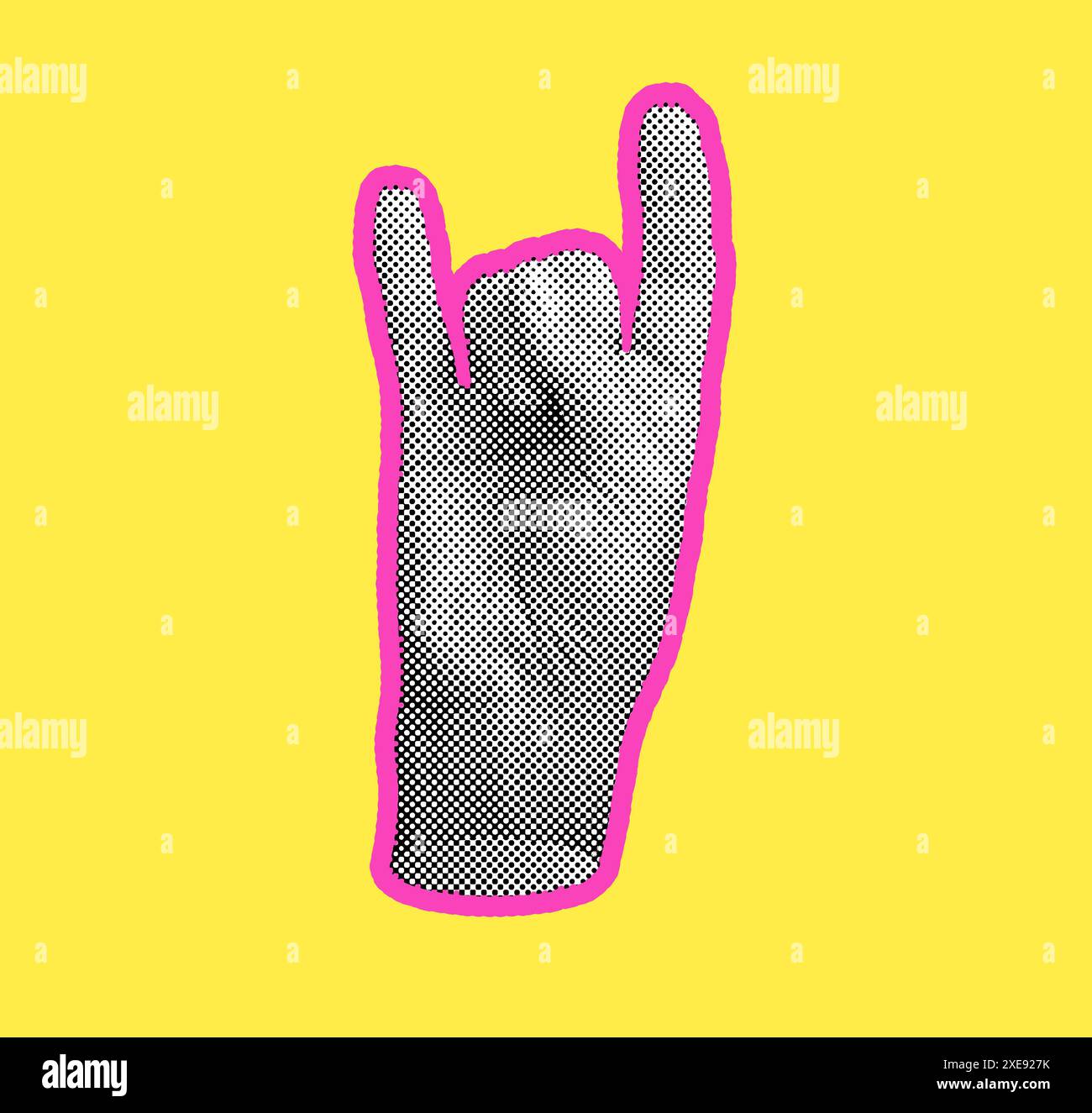. Rock, hand gesture, horns fingers sign, halftone style, bright retro ...