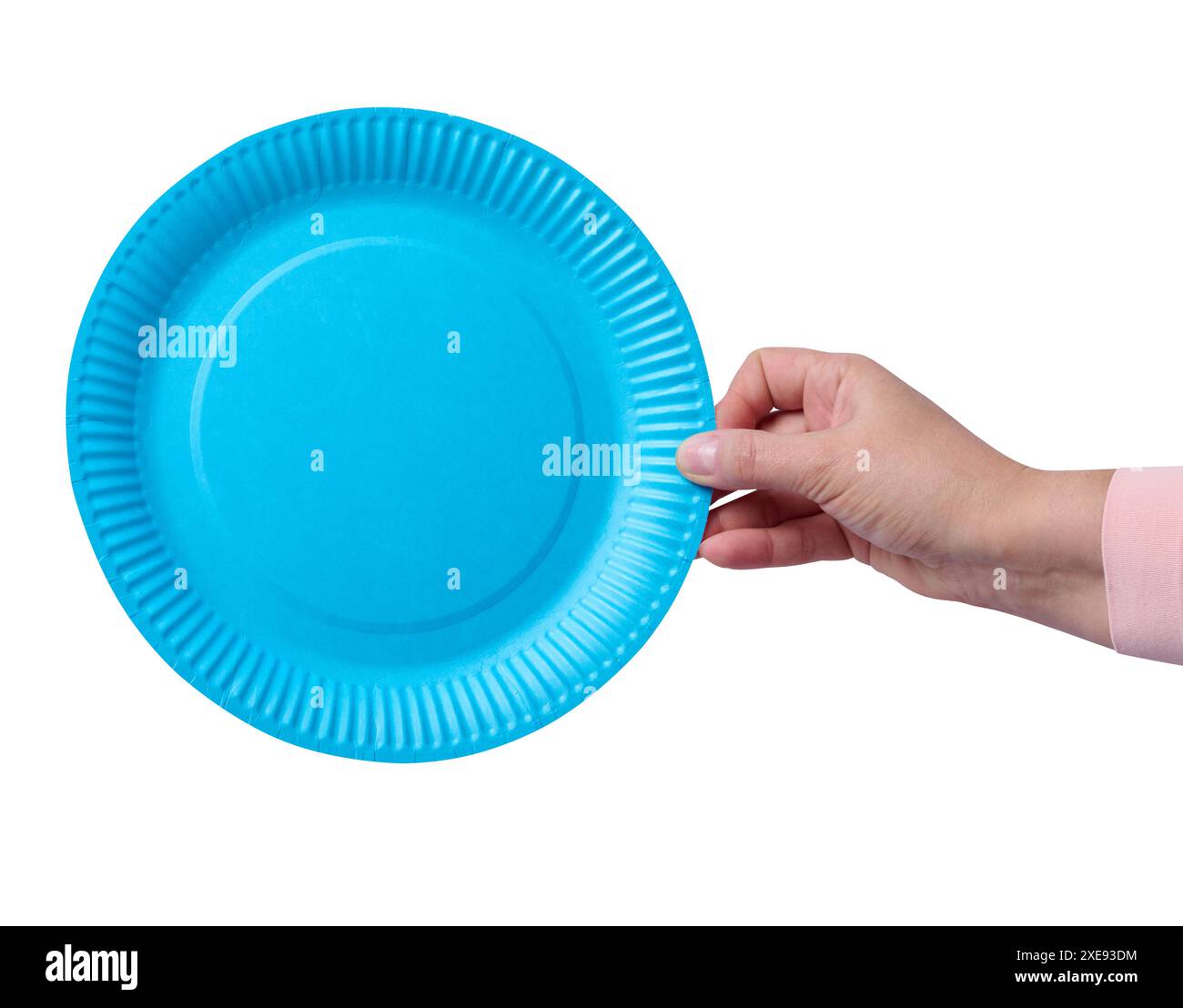 Woman's hand holding a round blue paper plate Stock Photo - Alamy