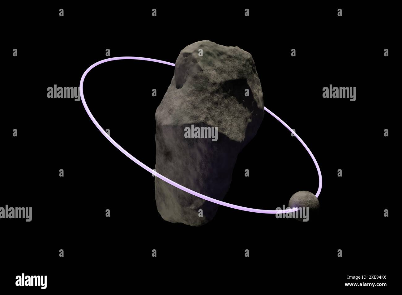 3d render abstract stone planet with glowing circle and satellite in ...