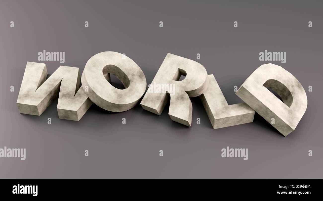 Concrete in the shape of letter saying World 3d rendered illustration ...