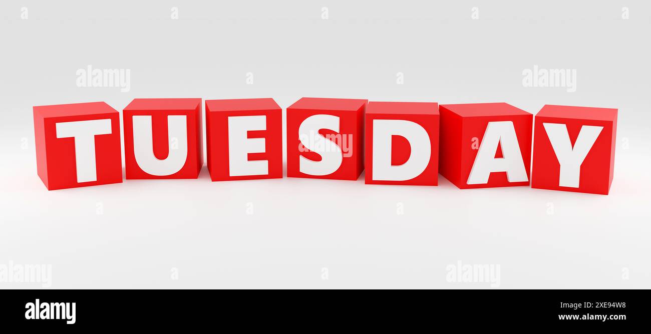 Luxury red inscription Tuesday on grey podium, soft light, front view ...