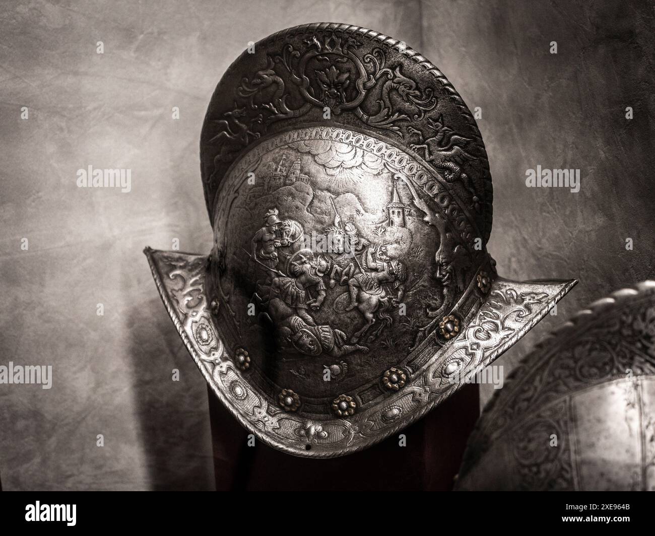 High crest morrion, Decorated with scene from the Battle of Pavia, 16th ...