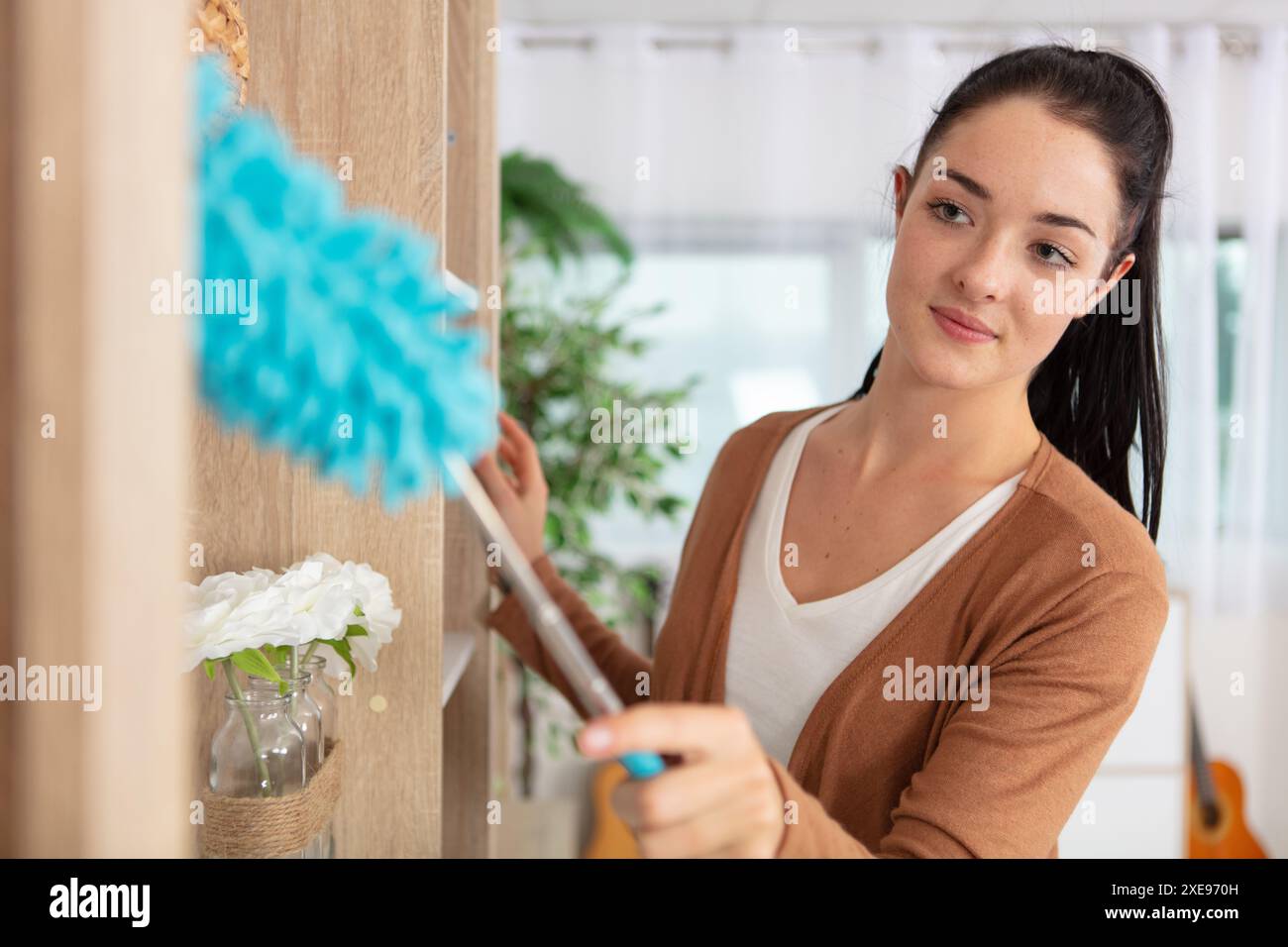 lovely young woman dusting shelf in the home Stock Photo - Alamy