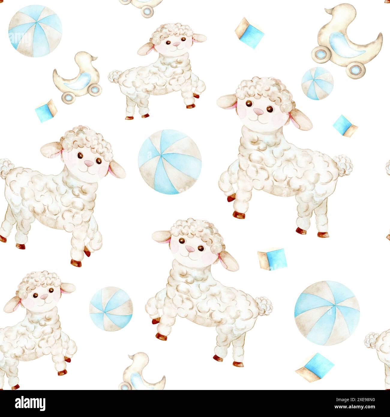 Sheep with toys on a white background. Seamless pattern is hand drawn ...