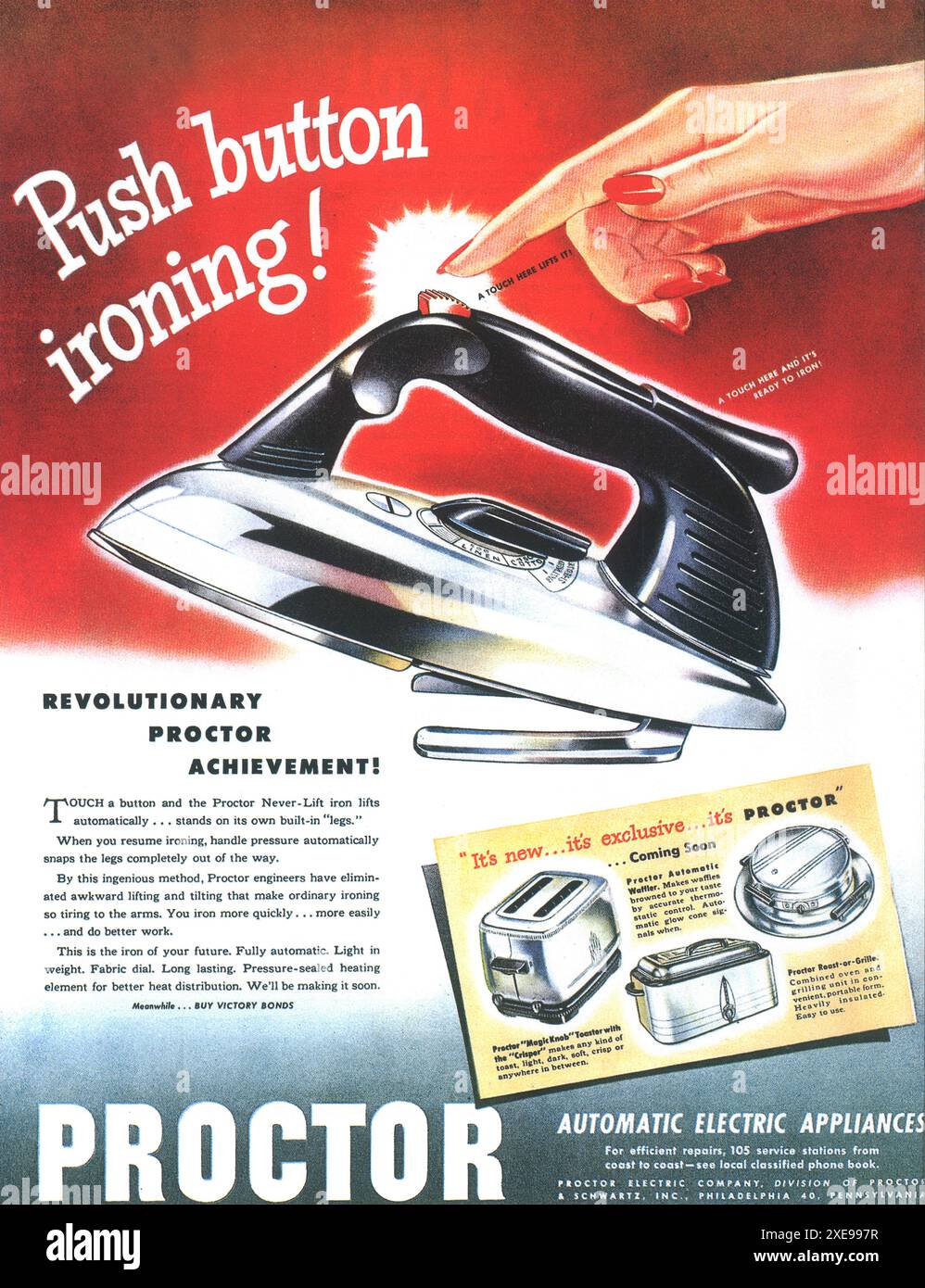 1945 Proctor Automatic Electric Appliances Ad - push button ironing ...