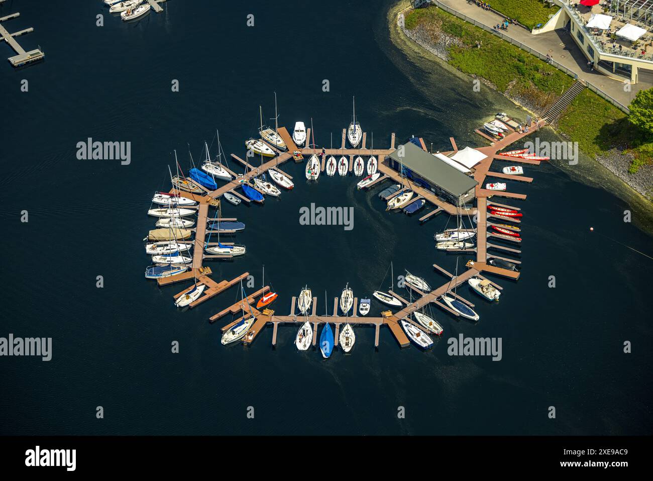 Aerial view, round boat landing stage in the Rursee, sailing boats and ...