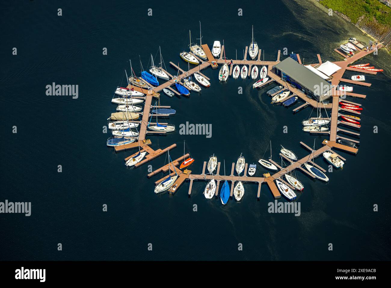 Aerial view, round boat landing stage in the Rursee, sailing boats and ...