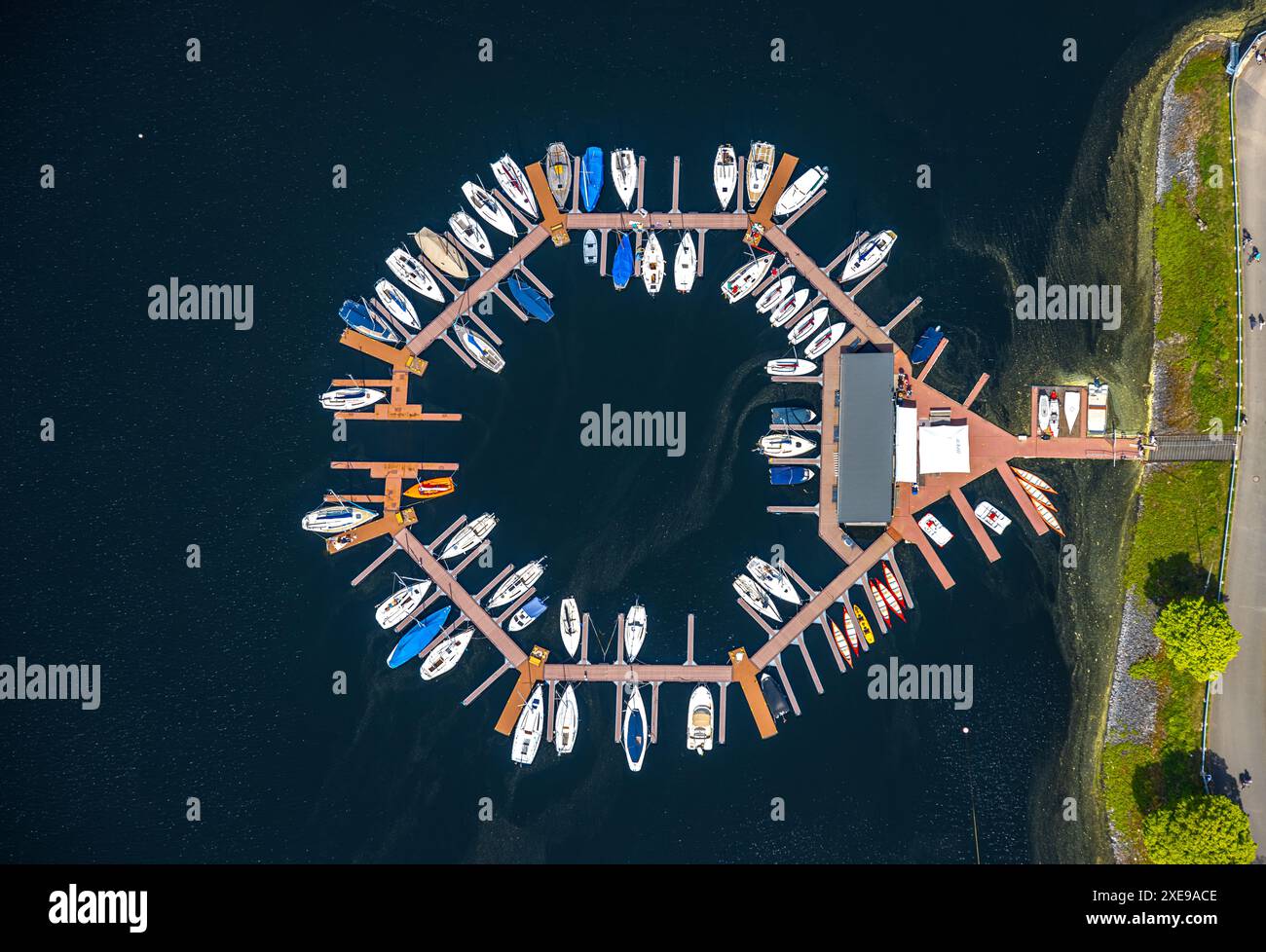 Aerial view, round boat landing stage in the Rursee, sailing boats and ...