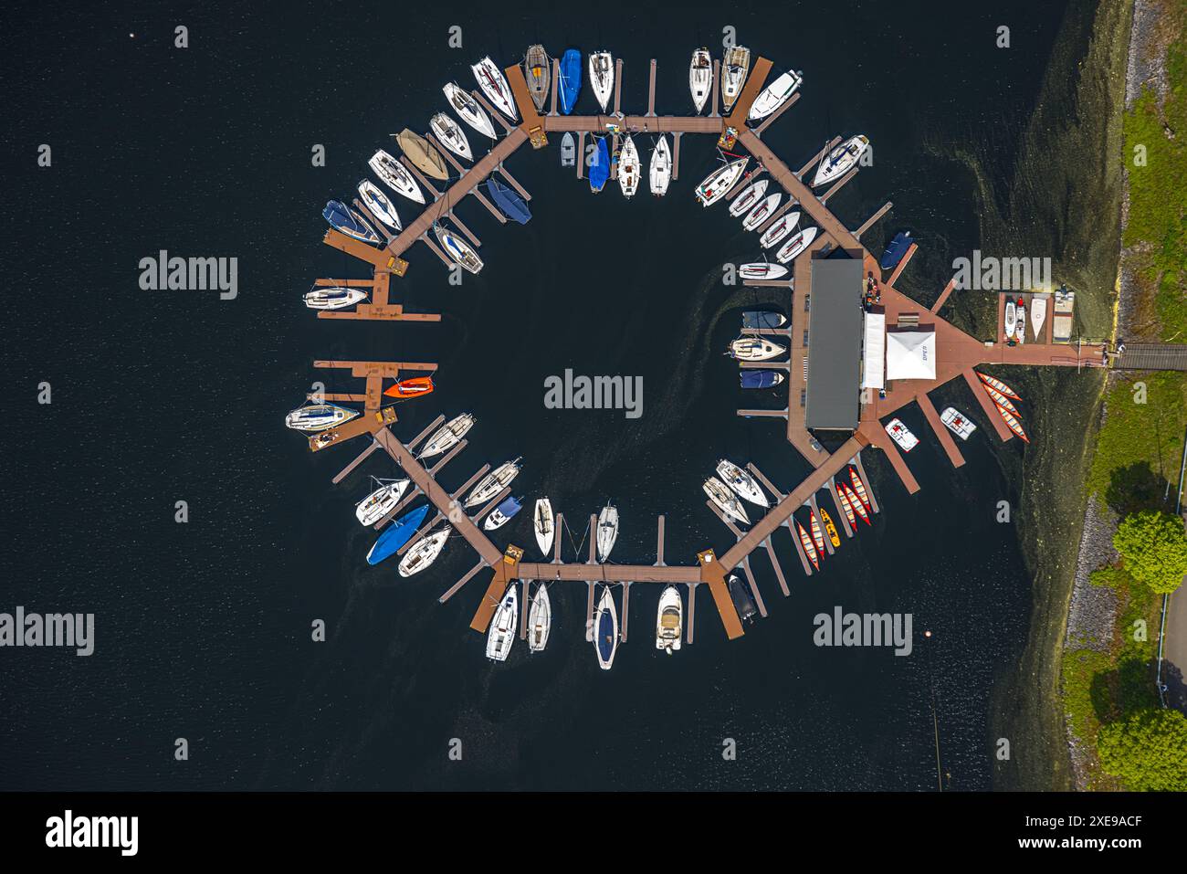 Aerial view, round boat landing stage in the Rursee, sailing boats and ...