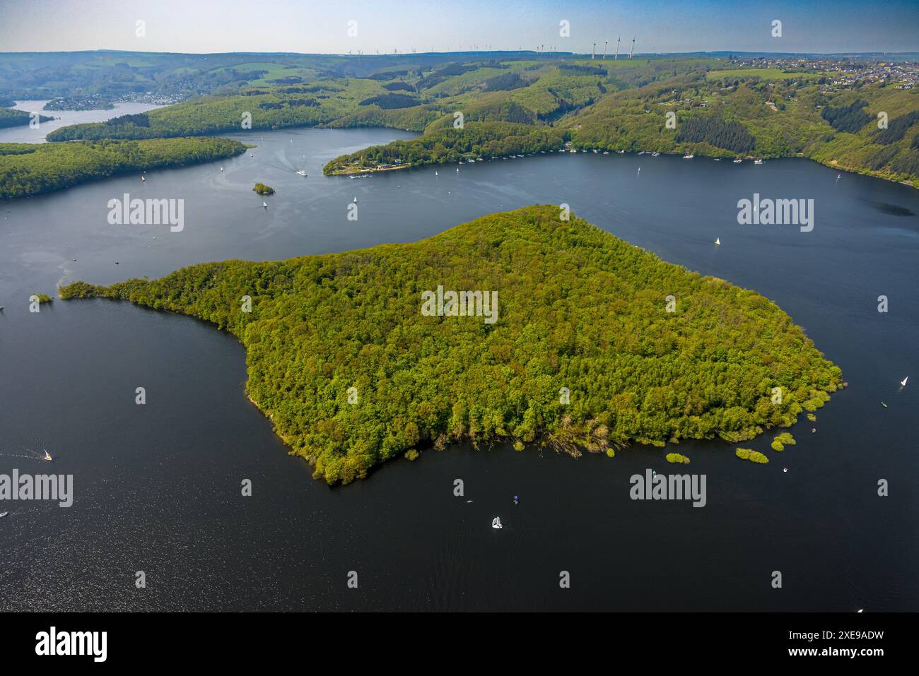 Aerial view, Rursee with Eichert island, Rur dam Schwammenauel and ...
