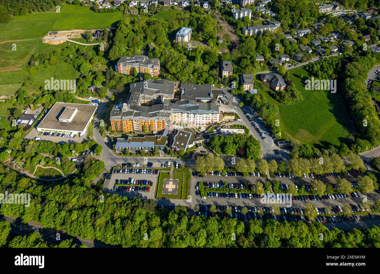 Aerial view, Herdecke Community Hospital, surrounded by meadows and ...