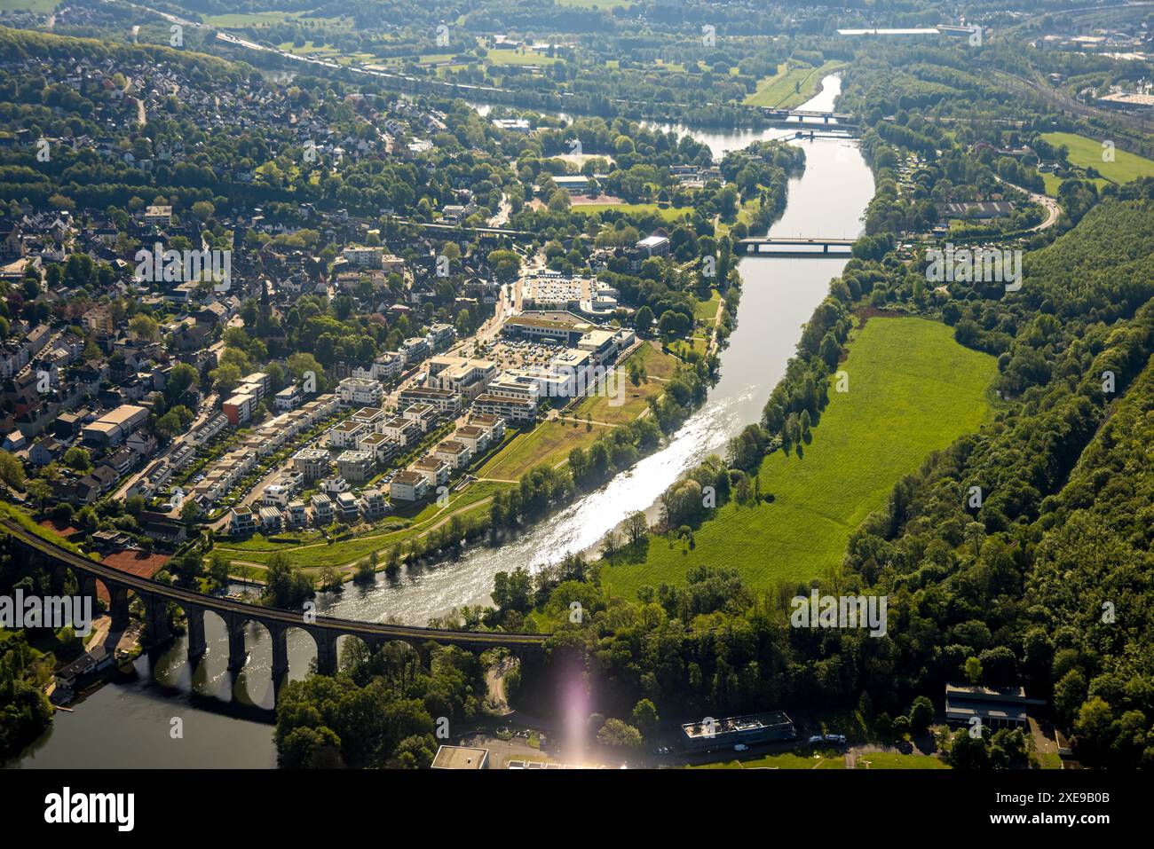 Aerial view, Ruhr viaduct Herdecke, Kaisbergaue nature reserve on the ...