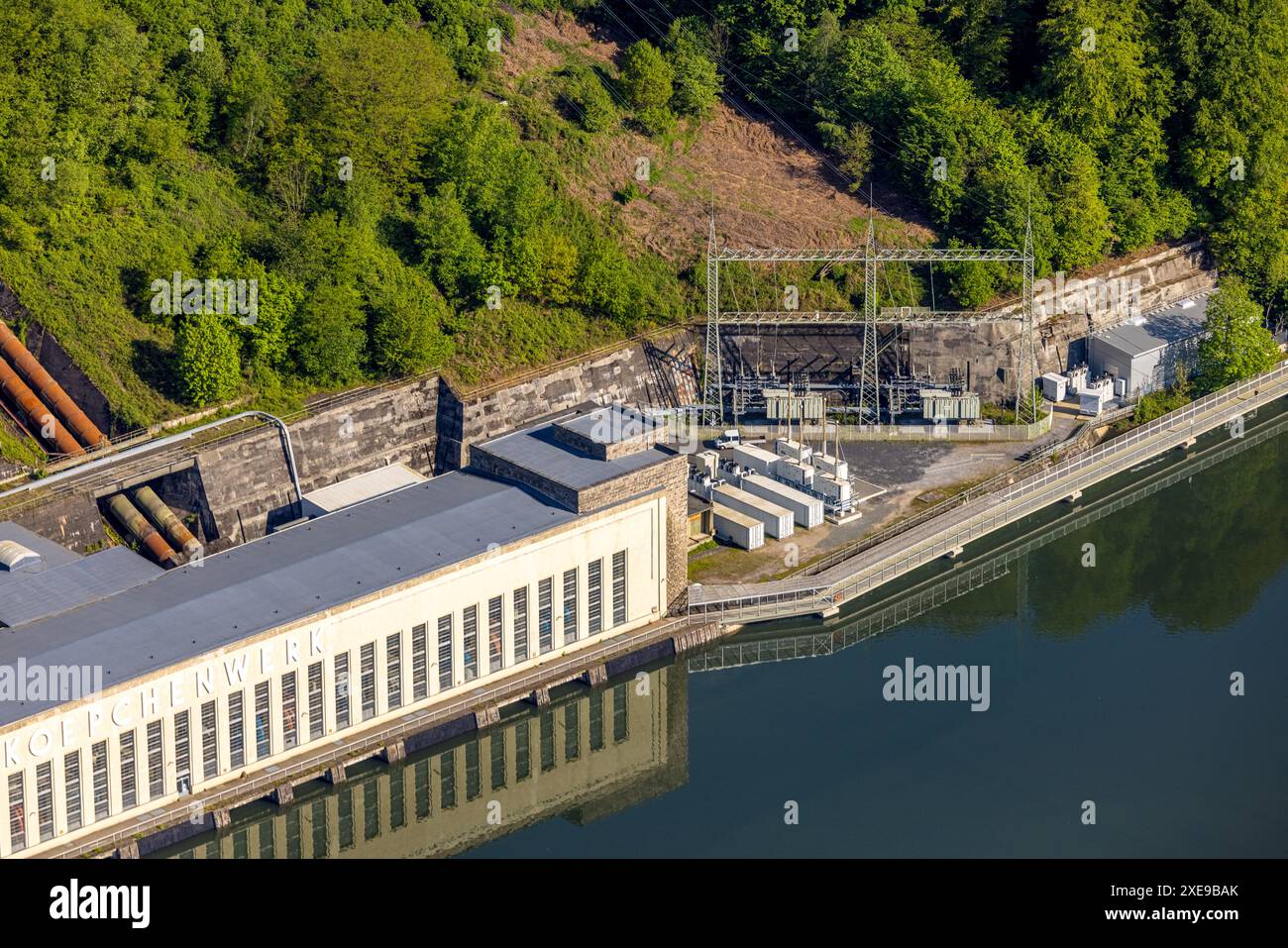 Aerial view, RWE pumped storage power plant Koepchenwerk close-up ...