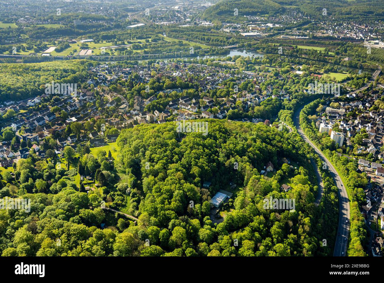 Aerial view, forest with transmitter Herdecke-Rehberg radio station ...