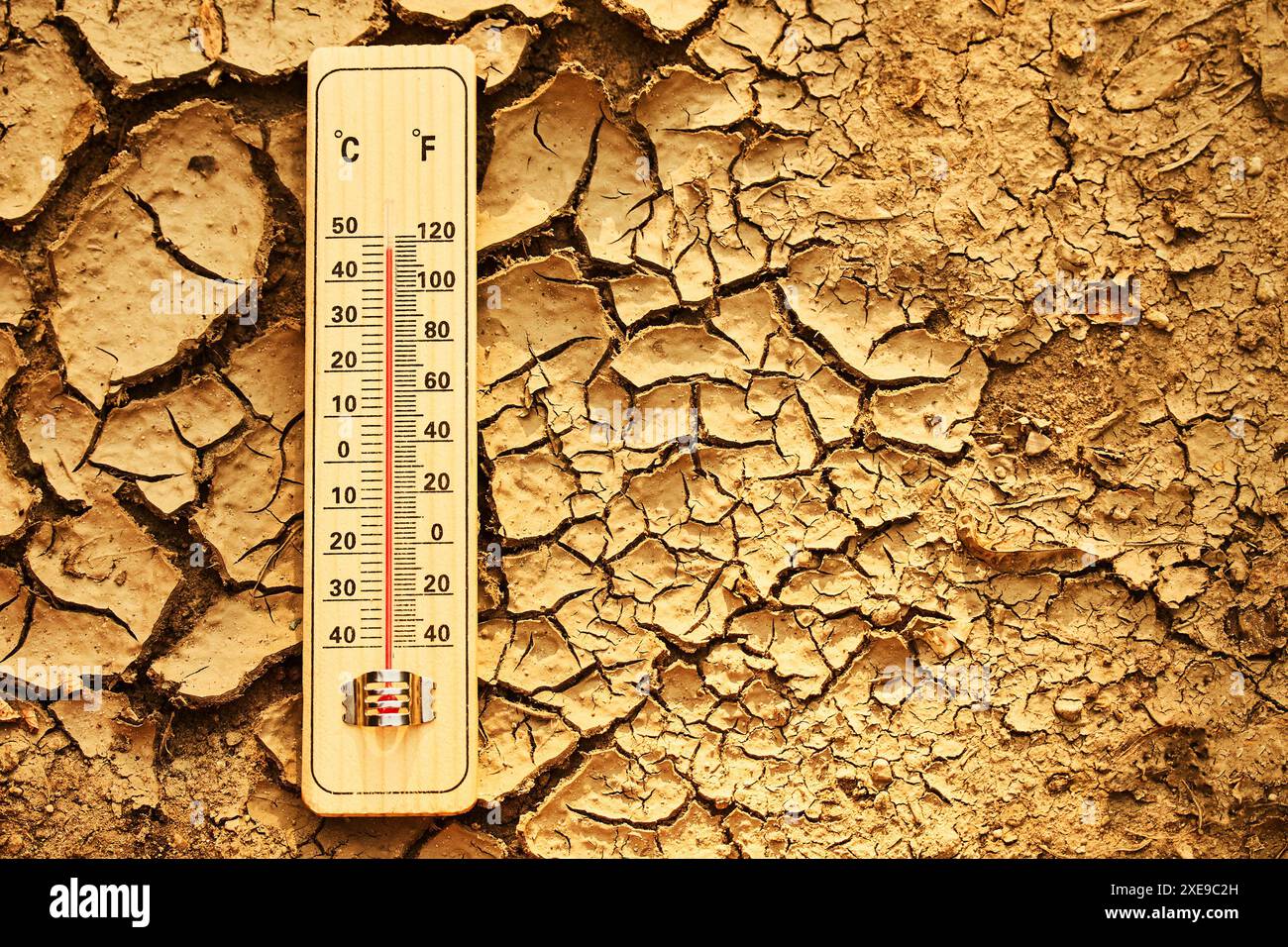Climate change concept. Thermometer on arid, cracked soil representing ...