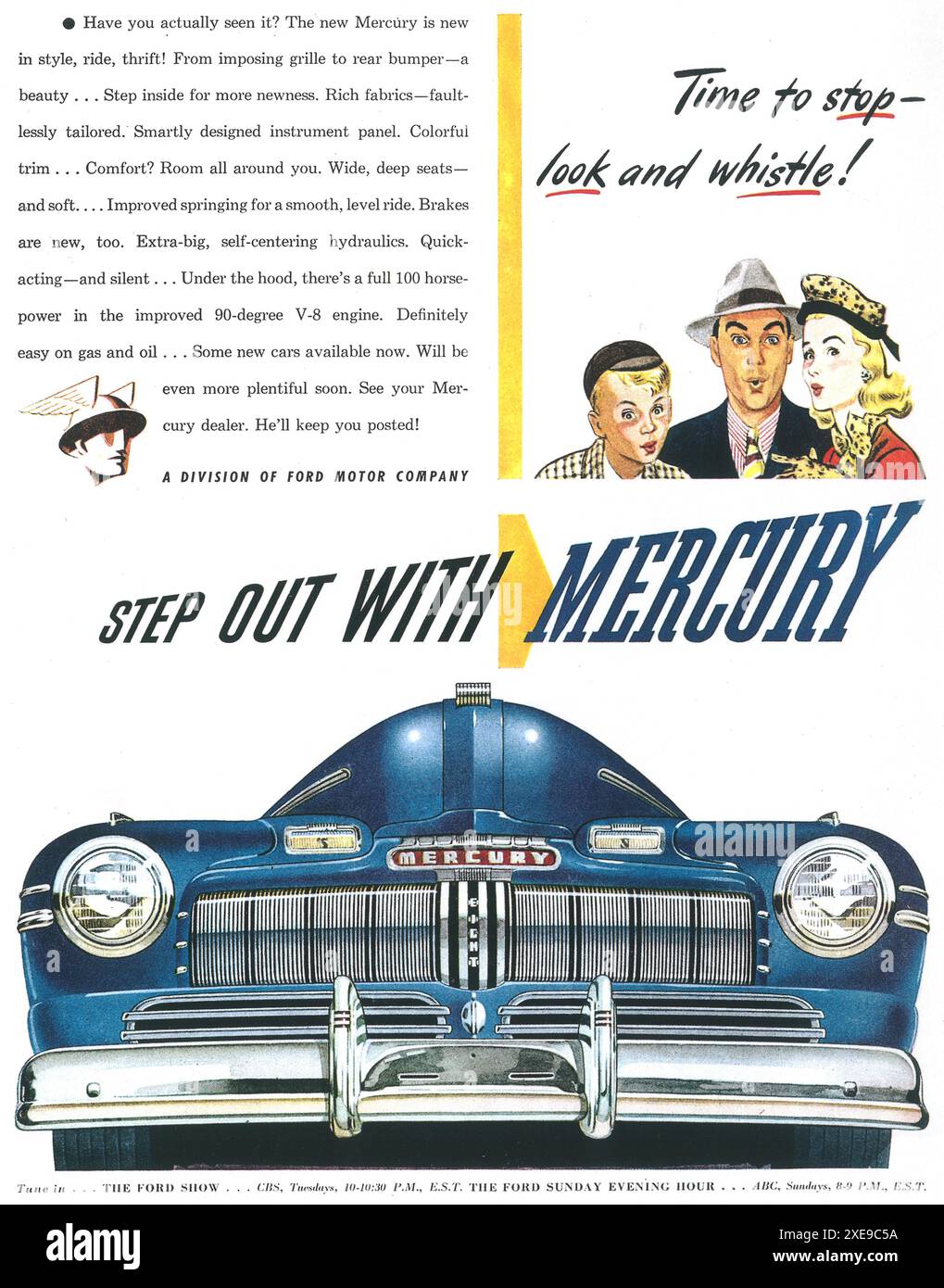 1945 Mercury car with V-8 Engine Ad - "Step Out with Mercury". "Time to ...