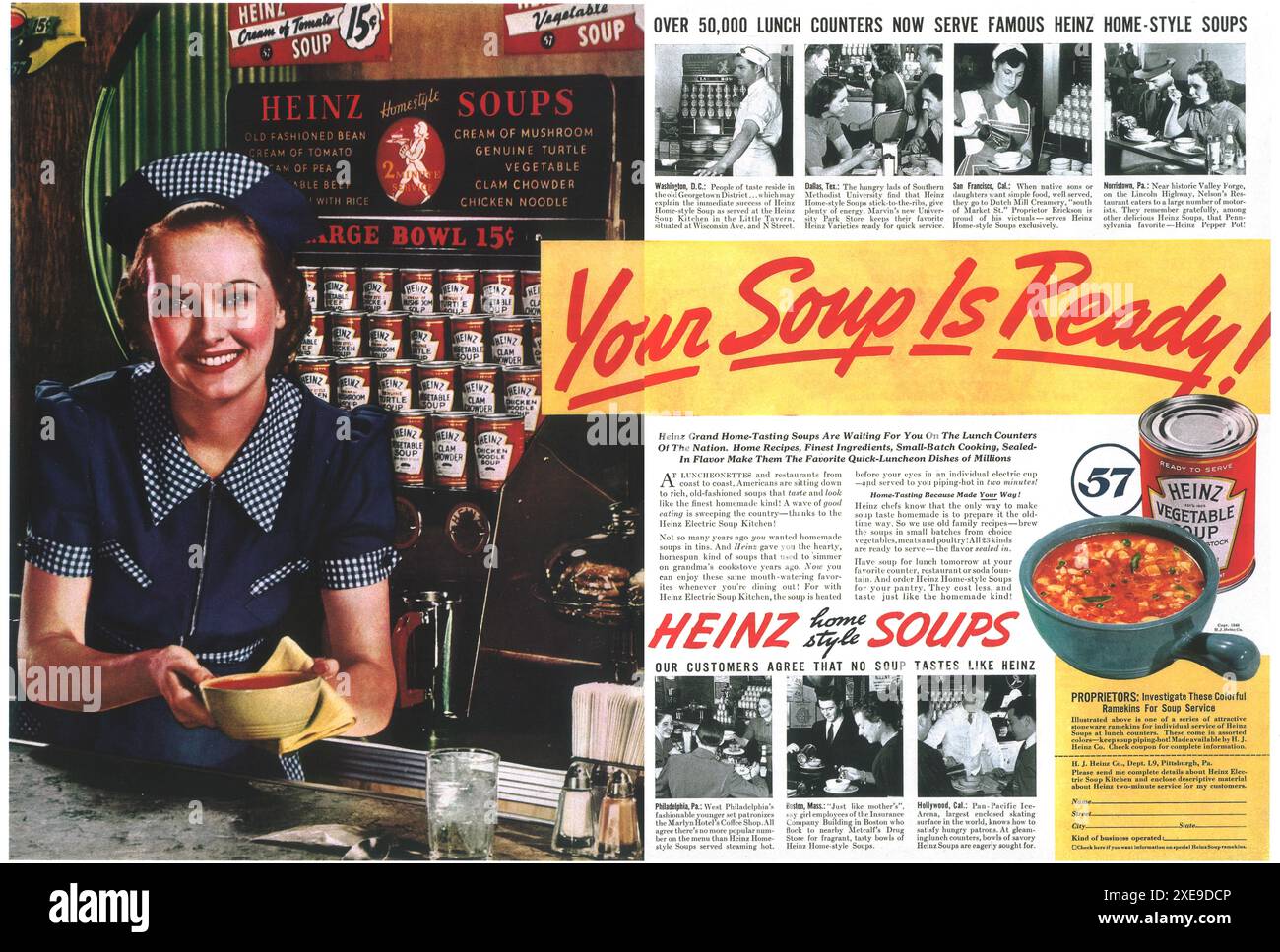 1940 Heinz soup ad - "Lunch counters serve Heinz home-style soups Stock ...