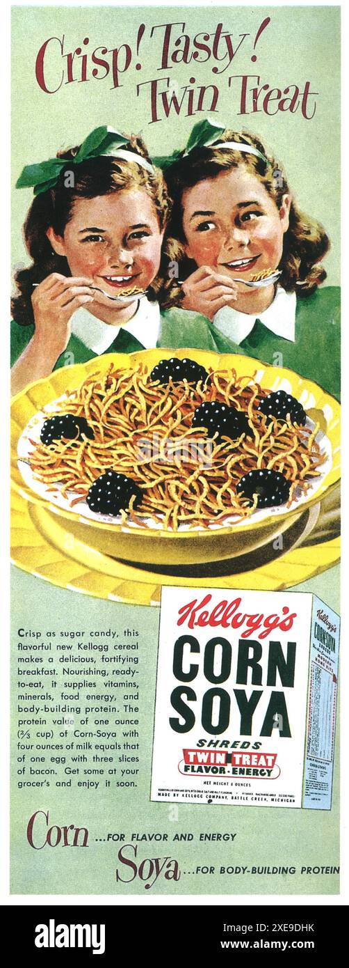 1948 Kellogg's Corn soya cereal ad - Twin treat Stock Photo - Alamy