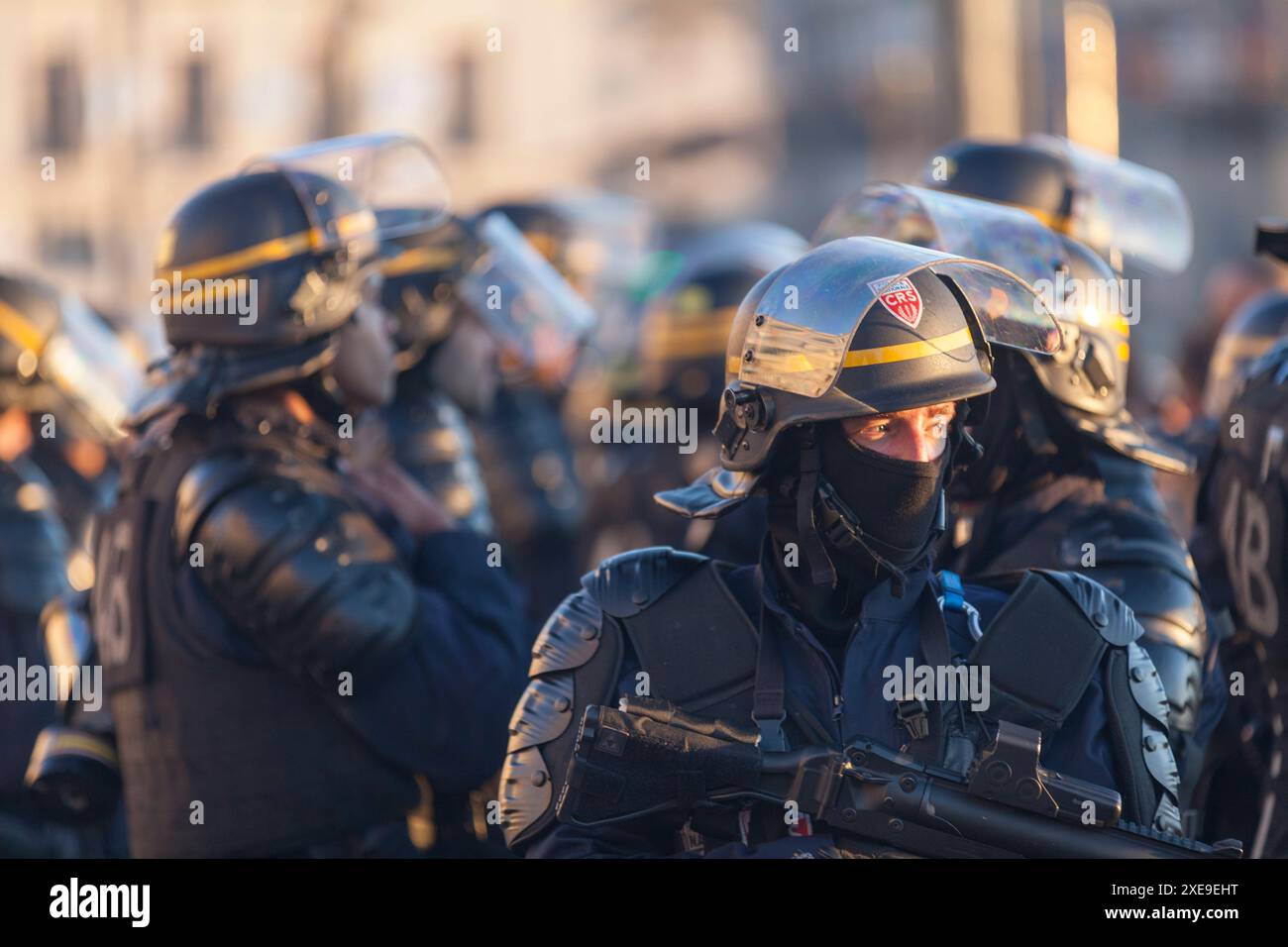 Marseille, France - March 23 2019: CRS officers in riot gear with ...