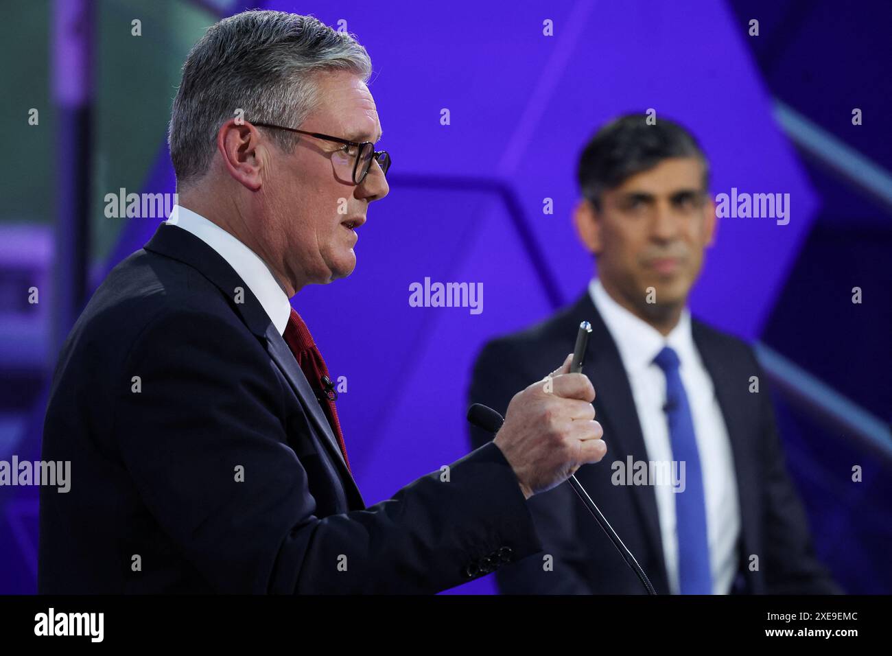 Labour leader Sir Keir Starmer and Prime Minister Rishi Sunak during their BBC Head-to-head ...