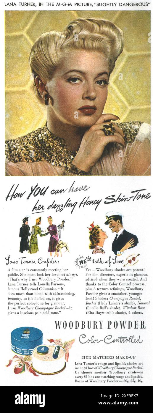 1943 Woodbury powder her matched makeup ad with Lana Turner in the MGM ...