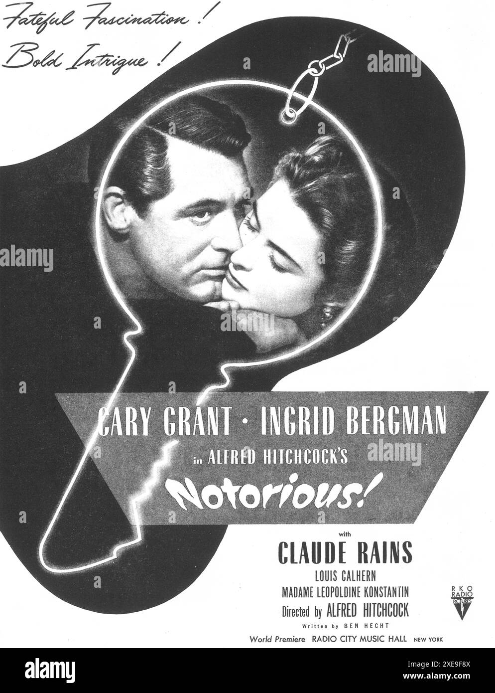 1946 Notorious original film poster, directed by Alfred Hitchcock, starring Cary Grant, Ingrid ...