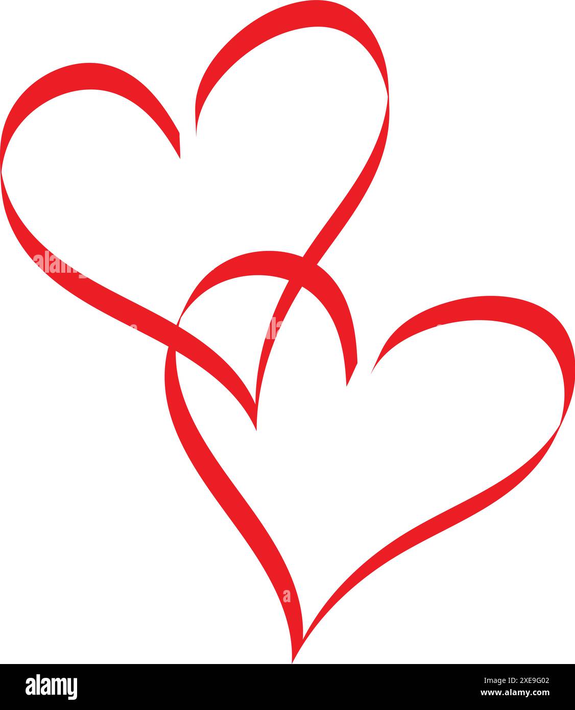 Two red hearts connected intertwined and joined together. Hand drawn ...
